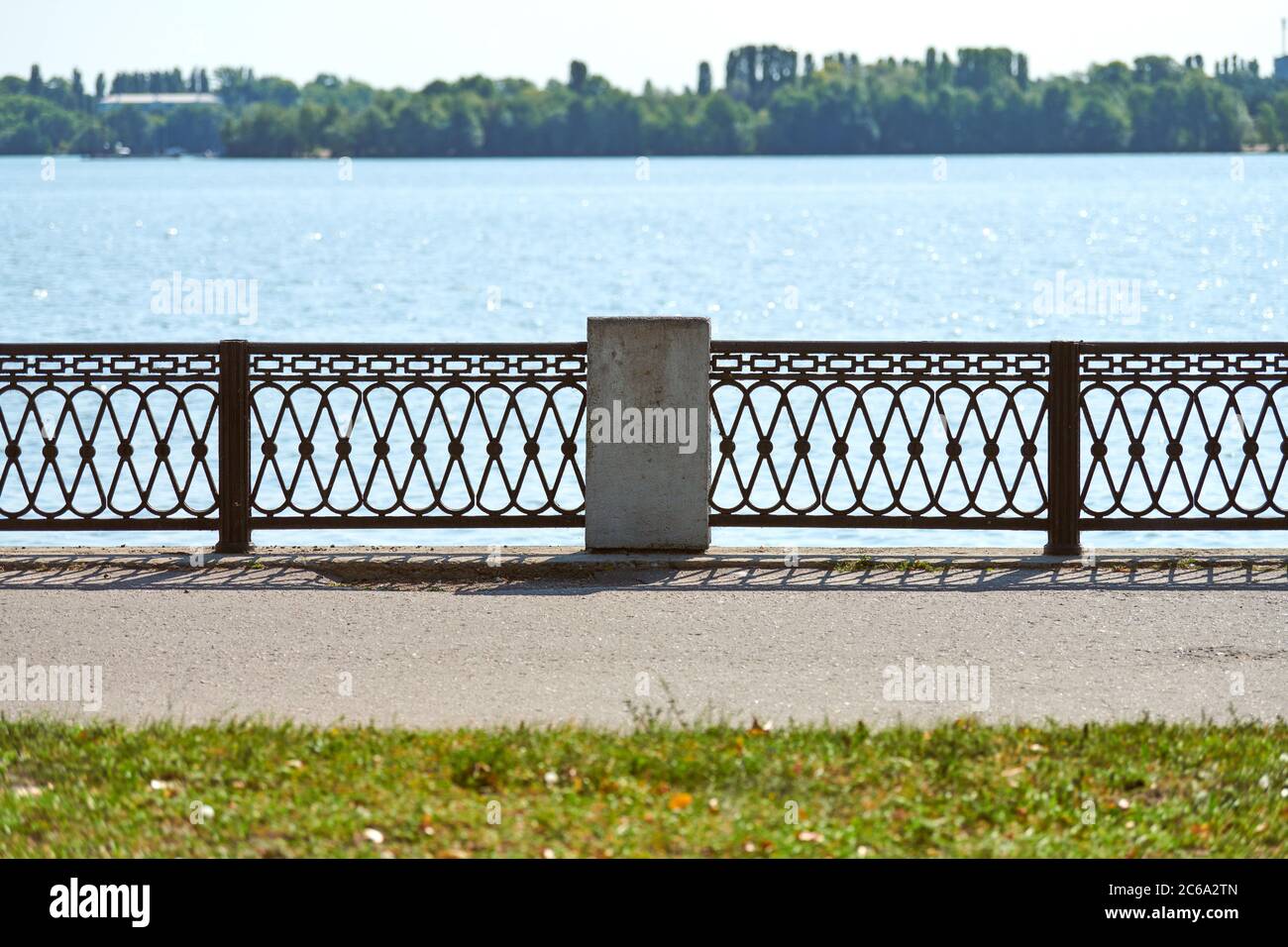 Iron fencing on waterfront. Riverside decor fence. Outdoor urban ...