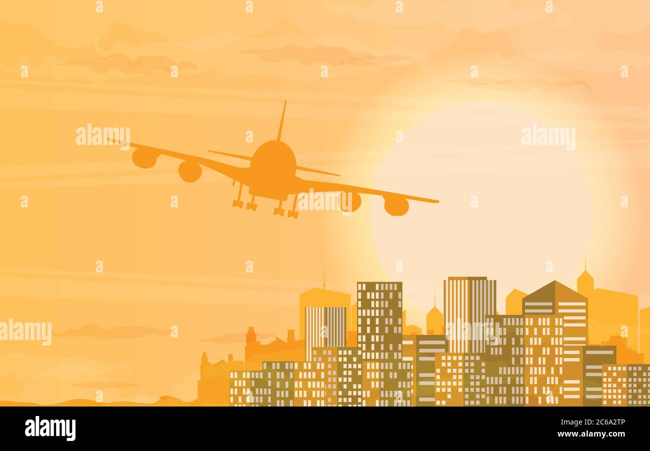 Vector illustration with plane taking off at sunset Stock Vector Image ...
