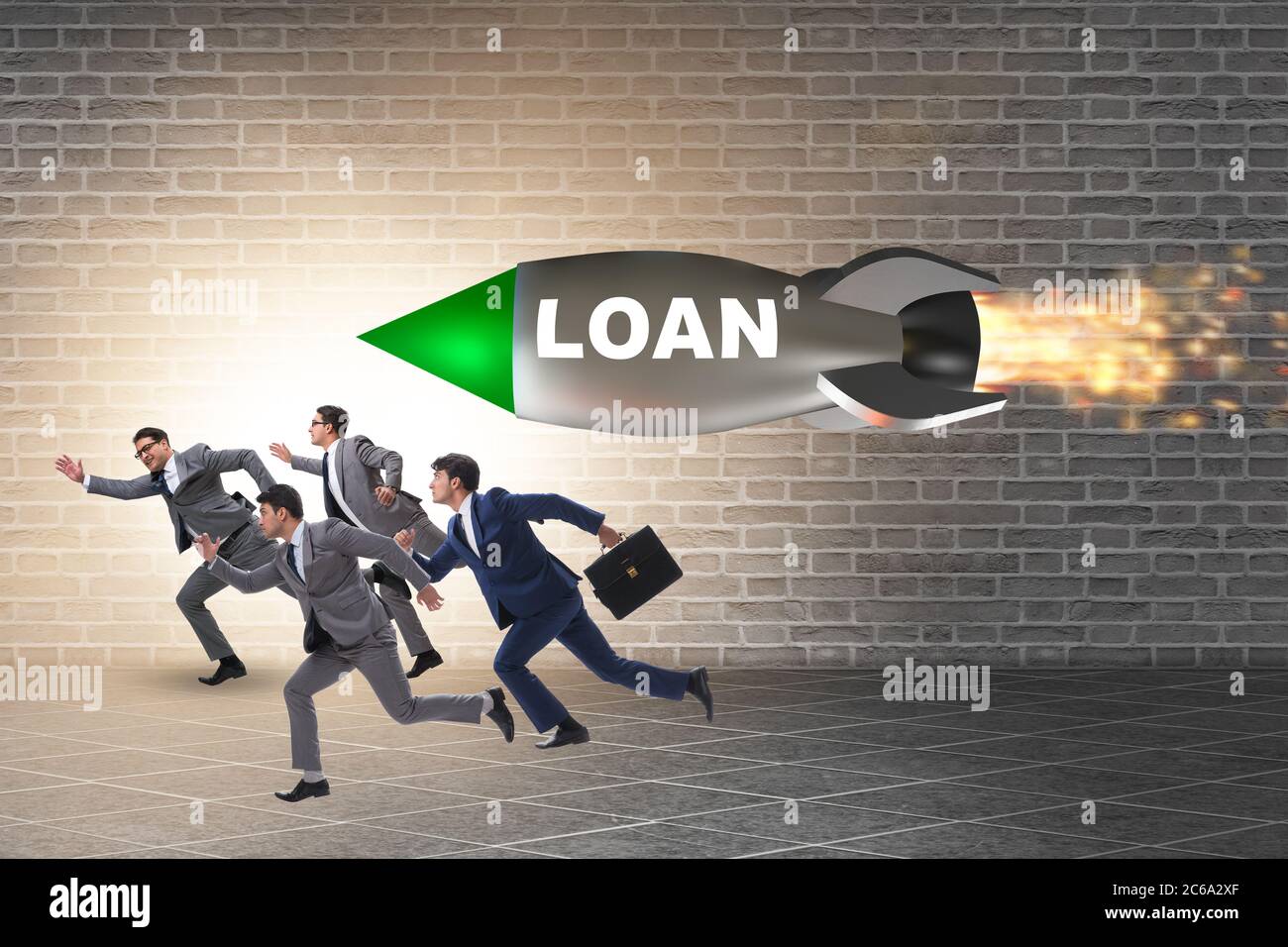 Concept of loan and debt with the businessman chased by rocket Stock ...