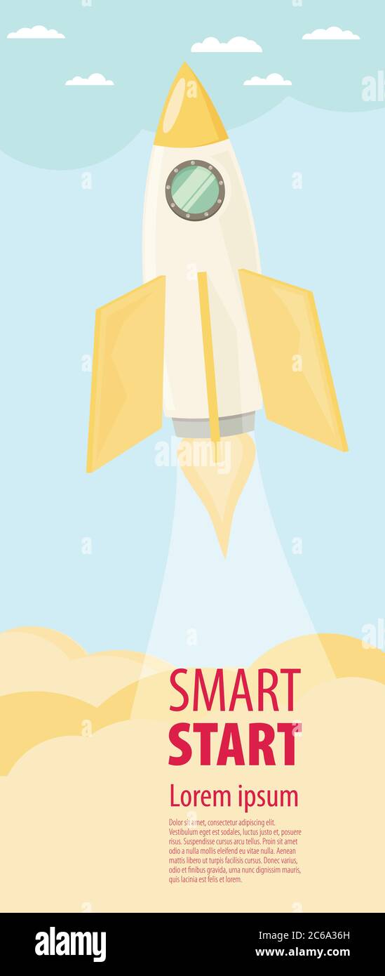 Space rocket flying in sky, flat design colored vector illustration ...