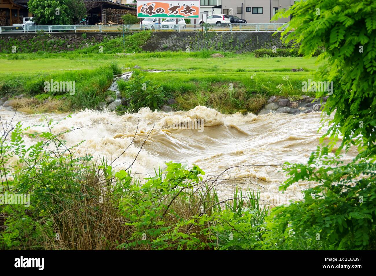 Iida, Nagano, Japan, 07/08/2020, Tenryu river after heavy rain in Iida ...