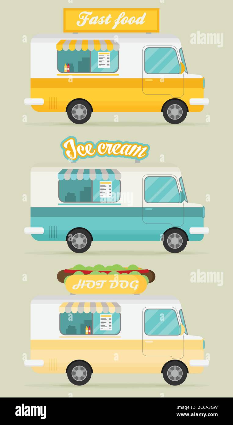 Set Of Color Food Truck. Street Food Truck concept design. Vector ...