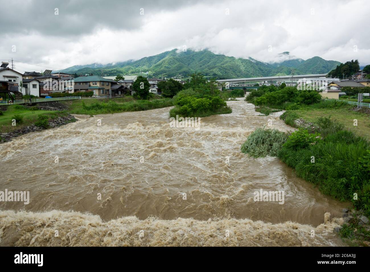 Iida, Nagano, Japan, 07/08/2020, Tenryu river after heavy rain in Iida ...