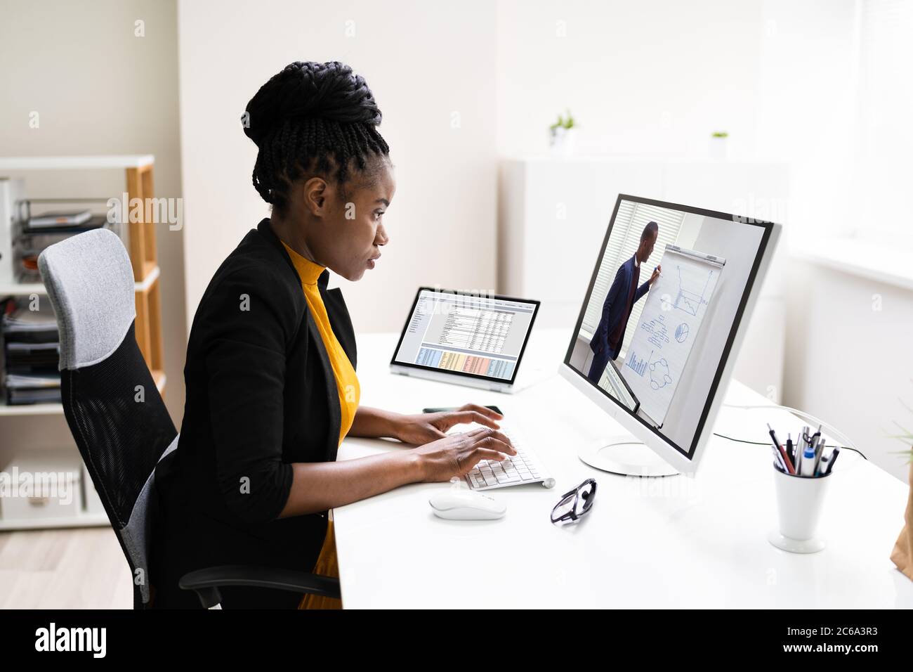 Online Virtual Video Conference Training On Desktop Computer Stock ...