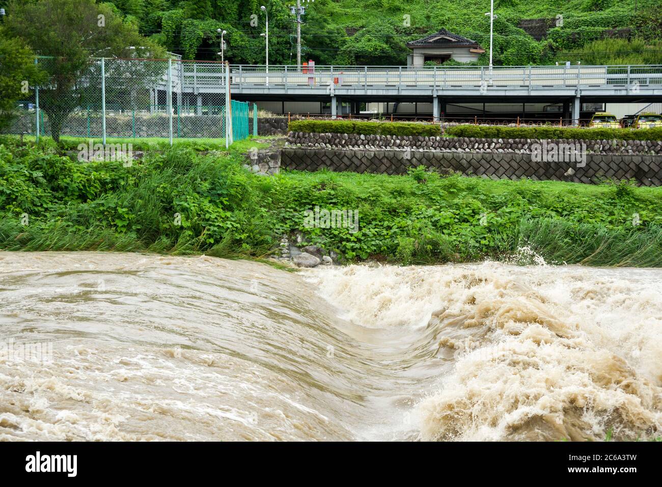 Iida, Nagano, Japan, 07/08/2020, Tenryu river after heavy rain in Iida ...