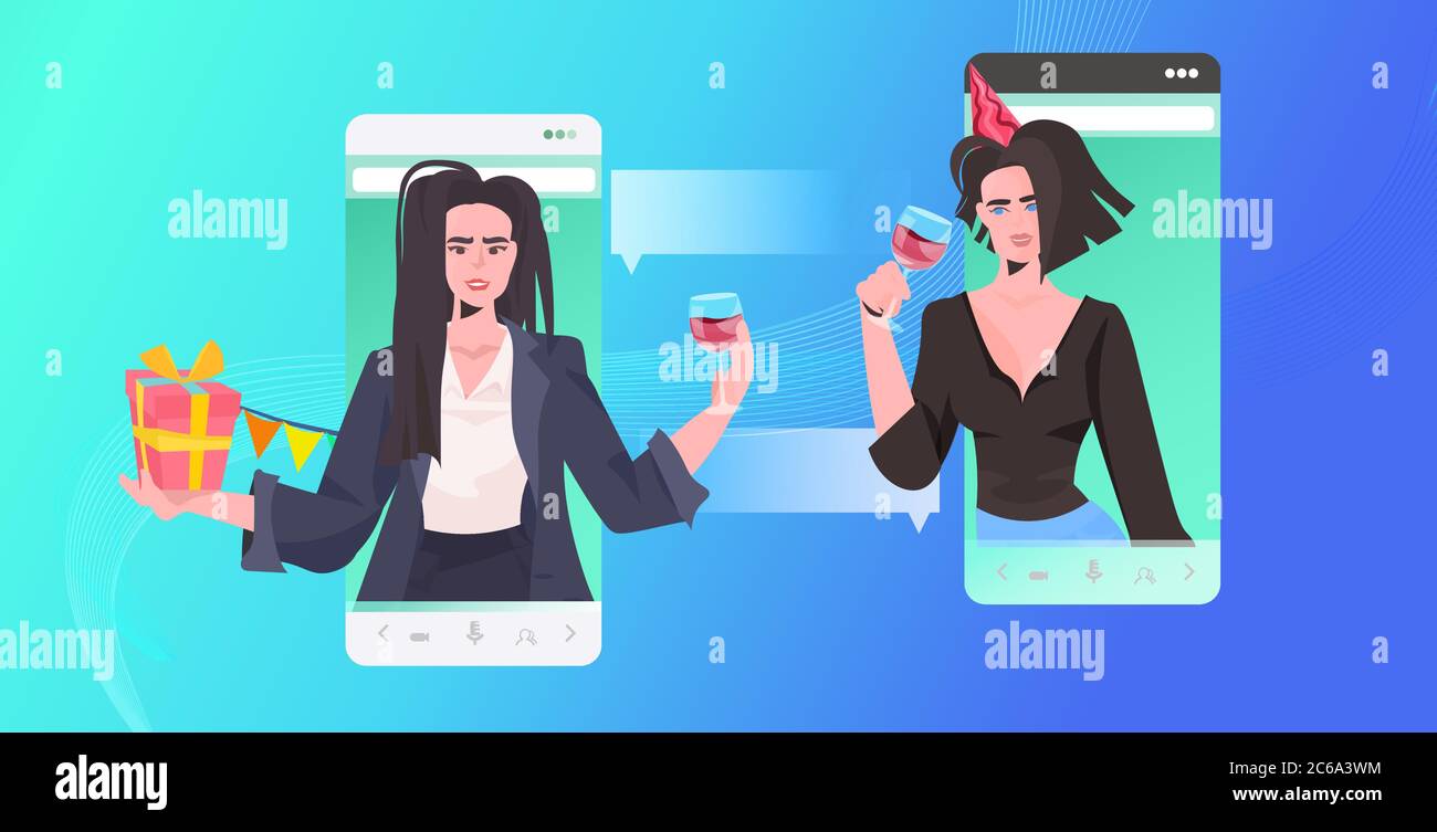 couple celebrating online party friends having virtual fun celebration ...