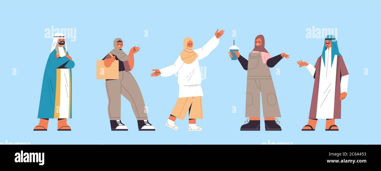 set arabic people in traditional clothes arab men women standing pose ...