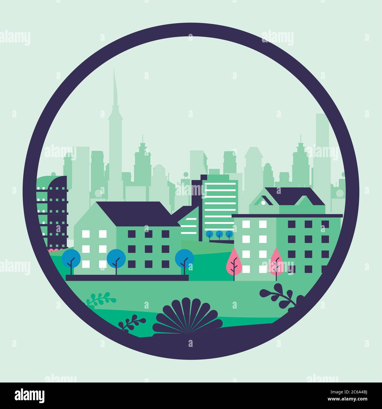 city minimal cityscape scene in circular frame vector illustration ...
