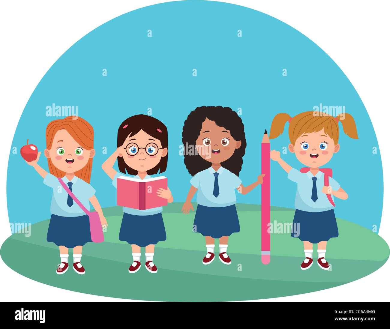 little students girls with uniforms characters vector illustration ...