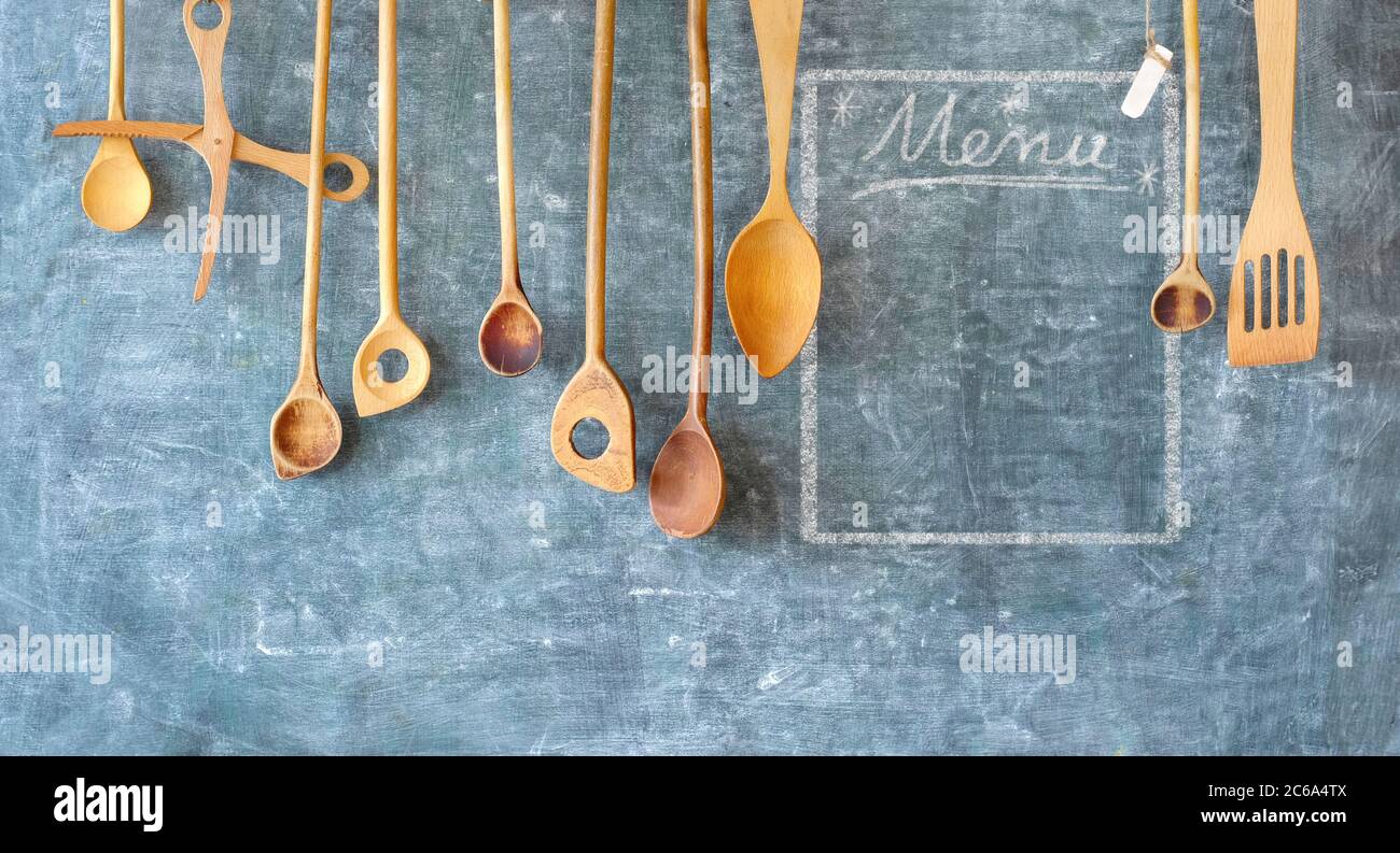 Kitchen utensils for commercial kitchen and menu template, restaurant ...