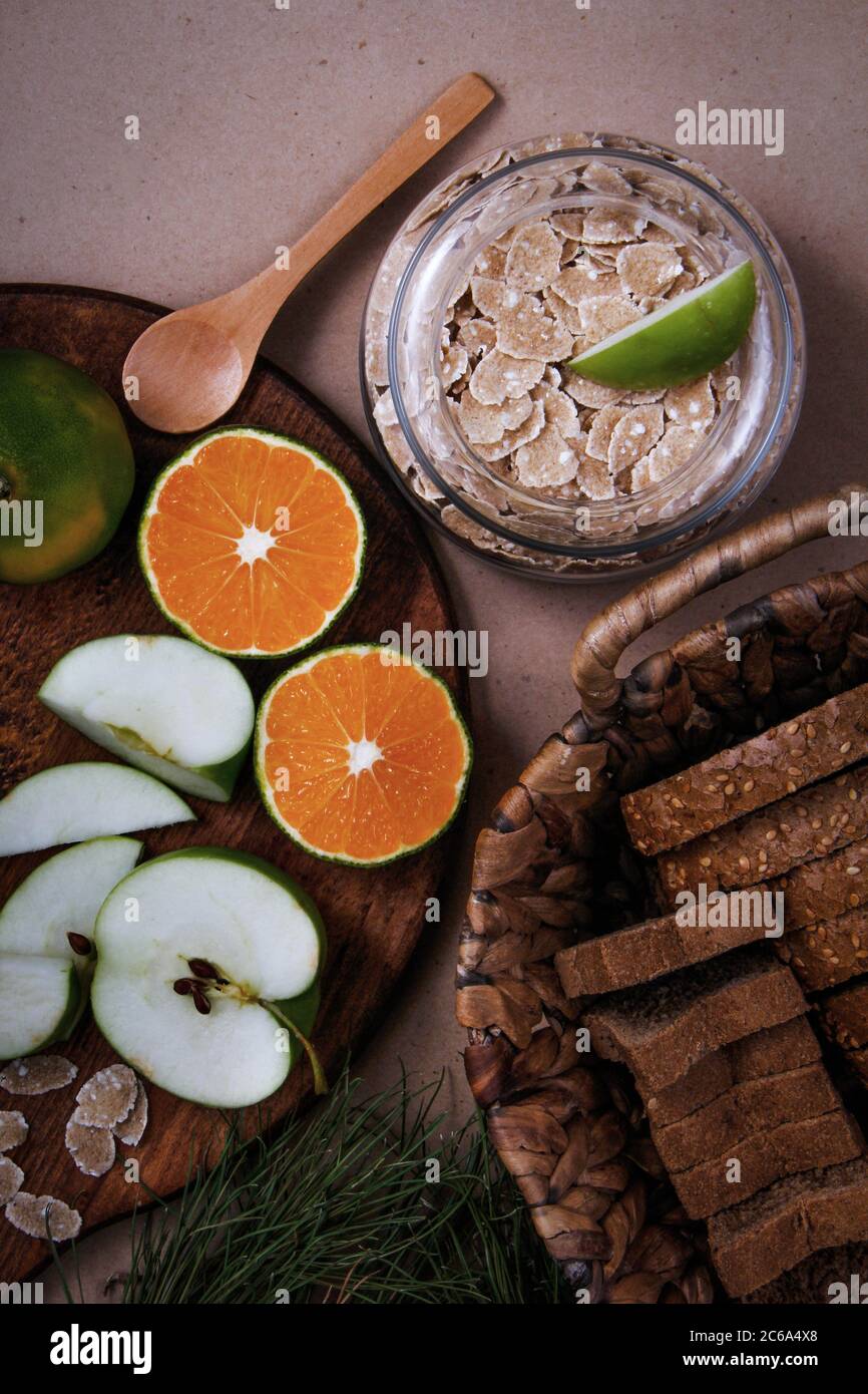 A beautiful view of a colorful breakfast table with beautiful ...