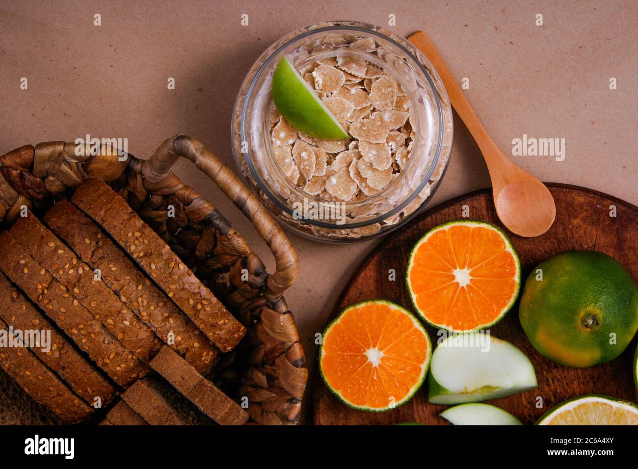 A beautiful view of a colorful breakfast table with beautiful ...