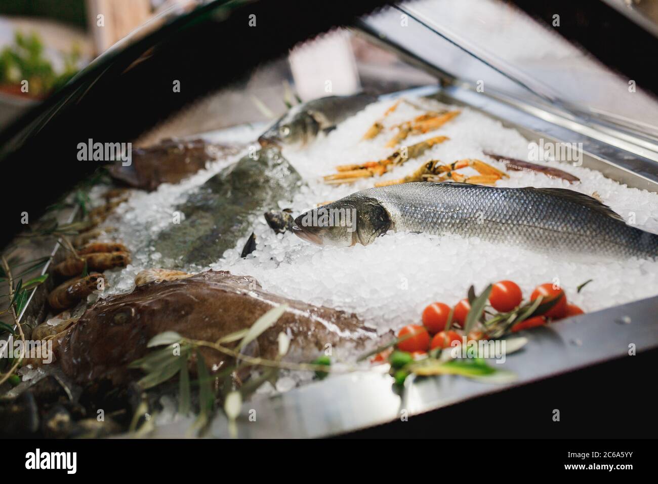 Transparent refrigerator, with different sea fish on ice under the ...