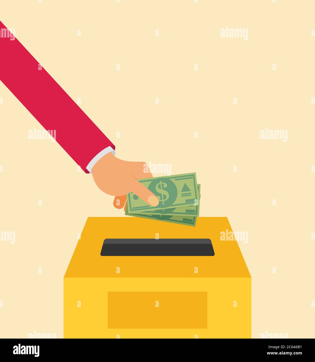 Hand putting money in to the donation box. Flat vector illustration ...