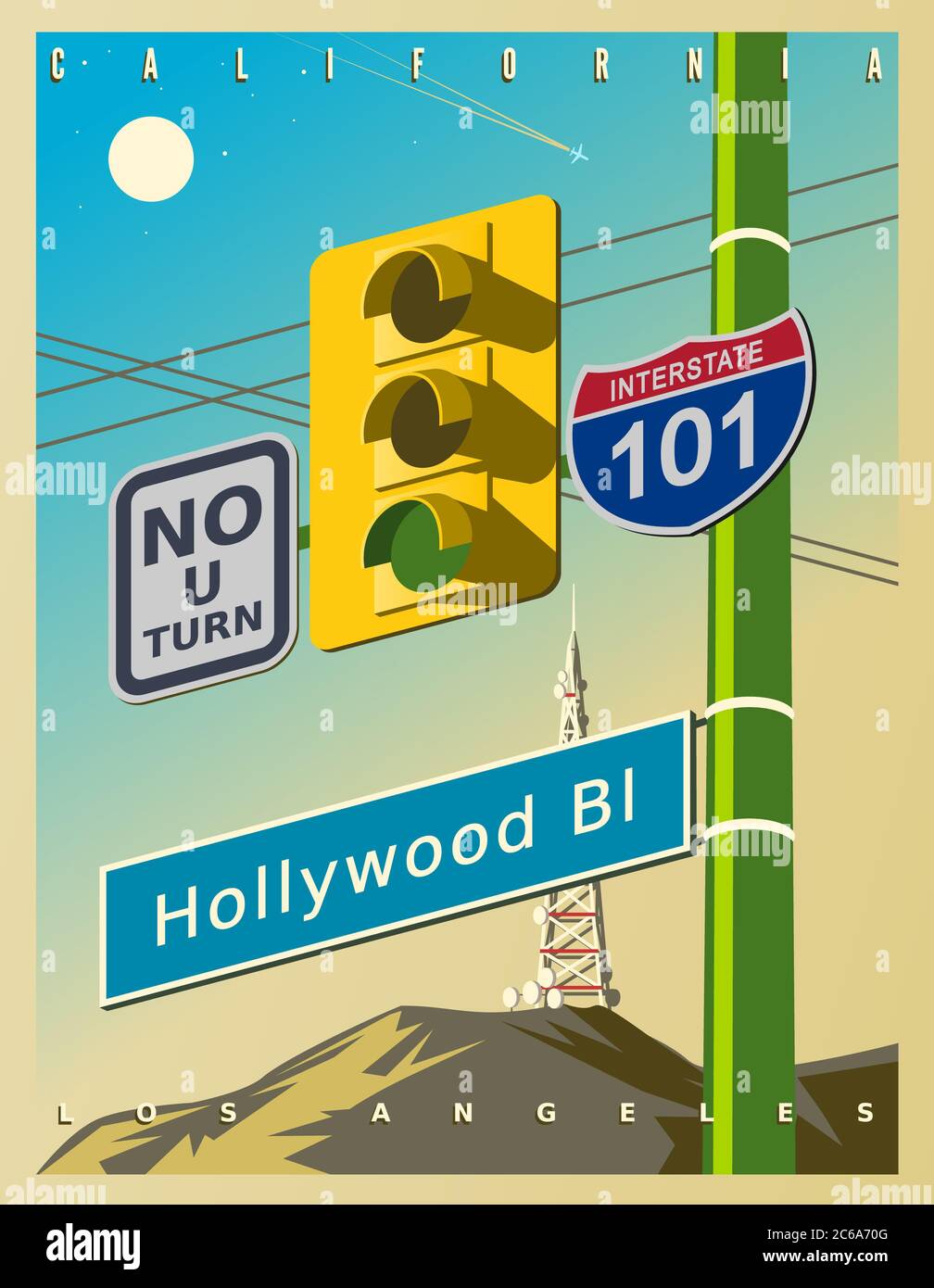 Vintage poster with a yellow traffic light, Hollywood sign, and road ...