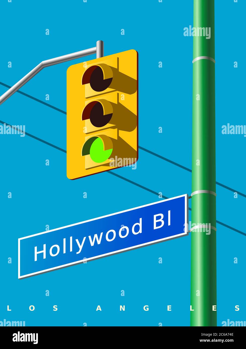 Hollywood street sign on the green pillar. A classic yellow traffic ...