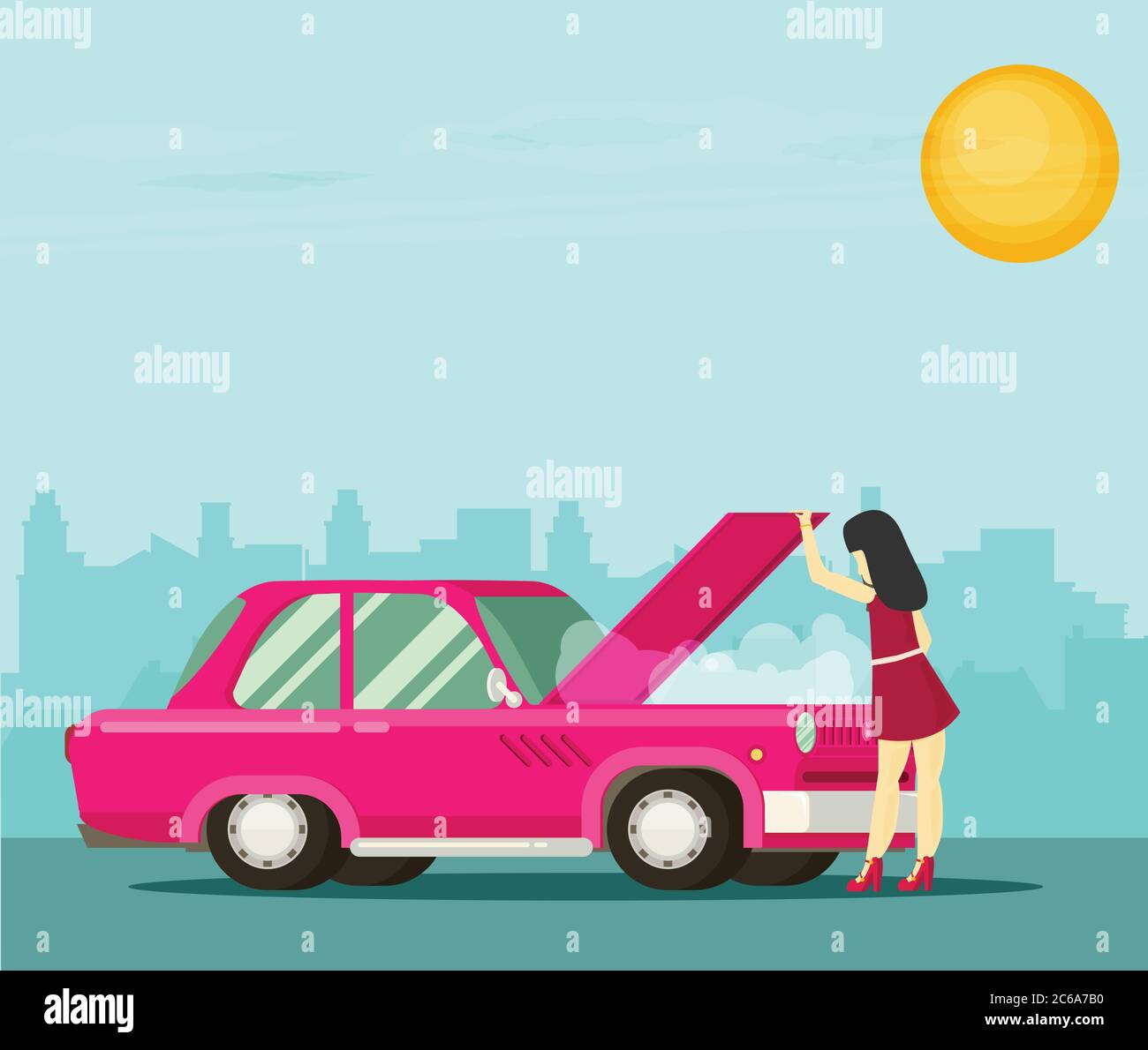 The girl is looking at broken motor. Flat vector Stock Vector Image ...