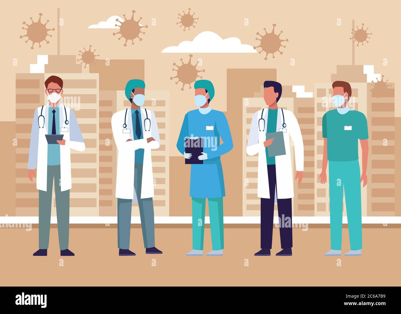group of doctors wearing medical masks on the city vector illustration ...