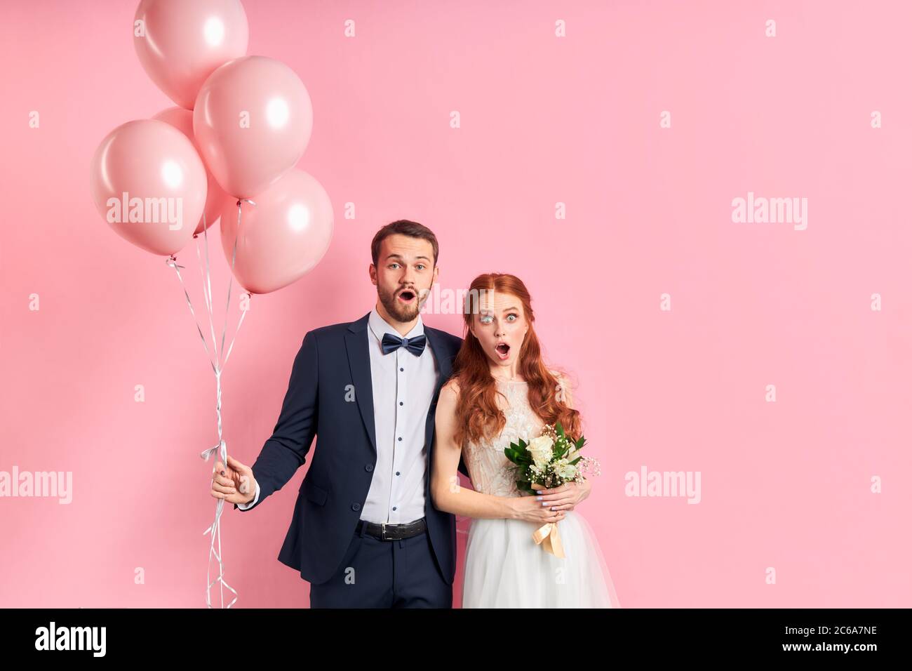 Wedding Couple Posing Together Isolated Over Pink Background Man In