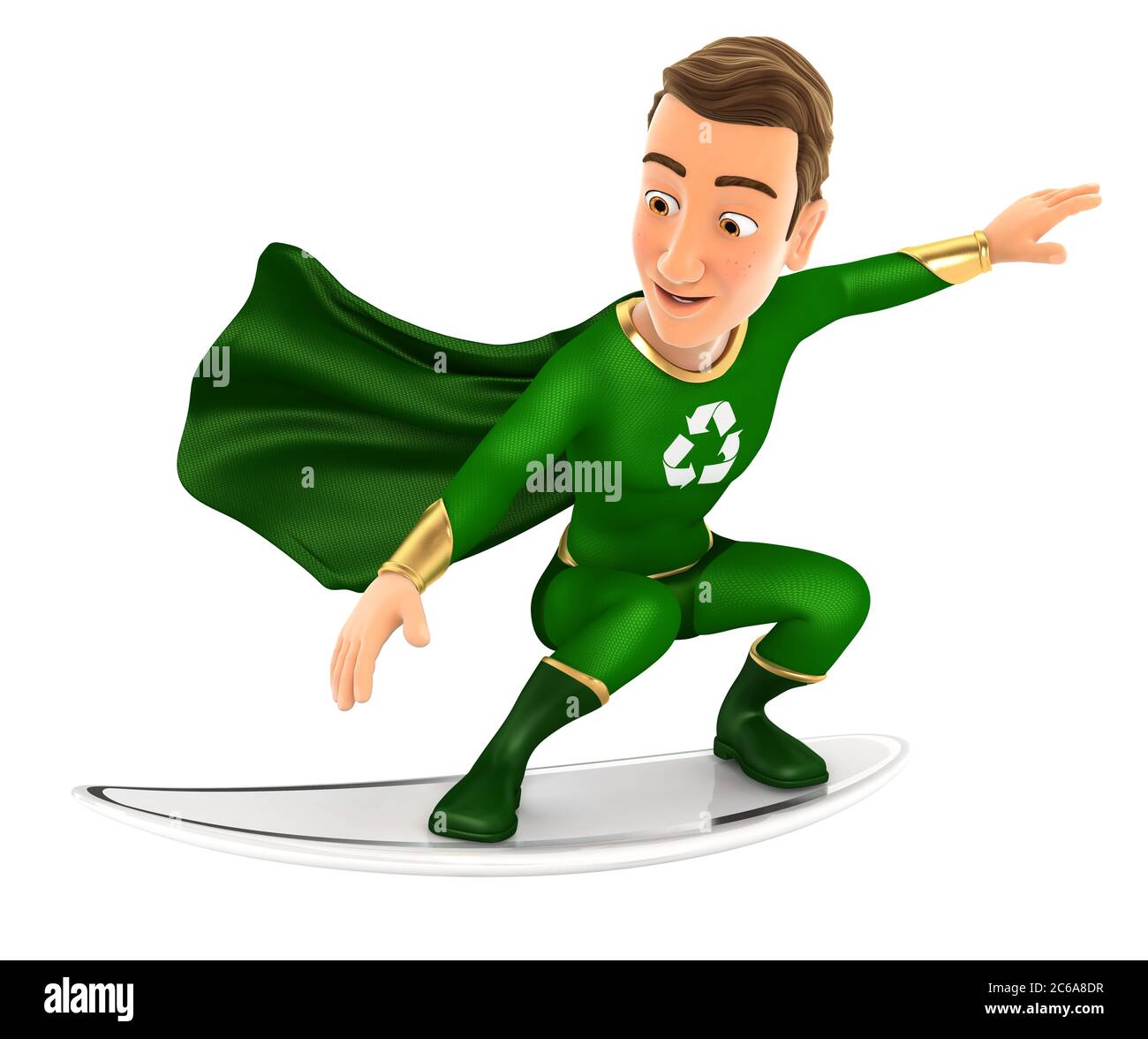 3d green hero surfing on a surfboard, illustration with isolated white ...