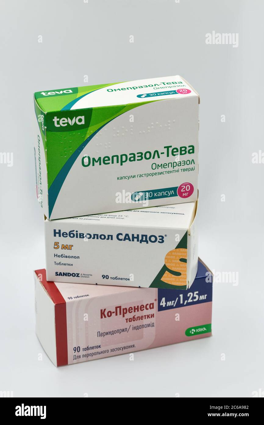 KYIV, UKRAINE - MAY 28, 2020: Antihypertensive and gastroenterology ...