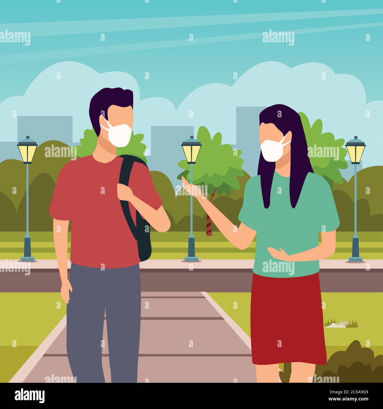 young couple wearing medical masks on the road characters vector ...