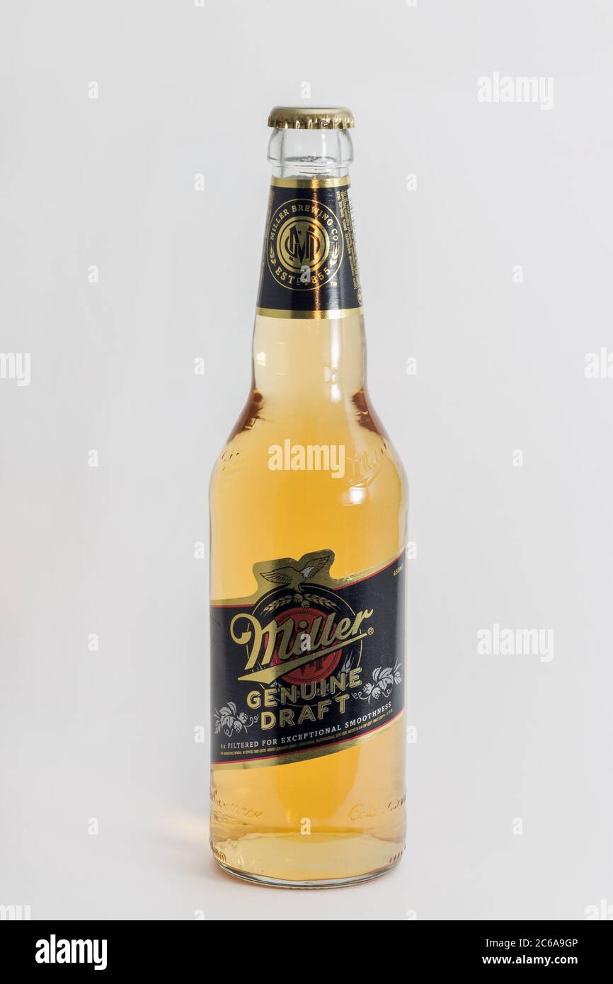 KYIV, UKRAINE - JUNE 17, 2020: Miller Genuine Draft lager beer bottle ...