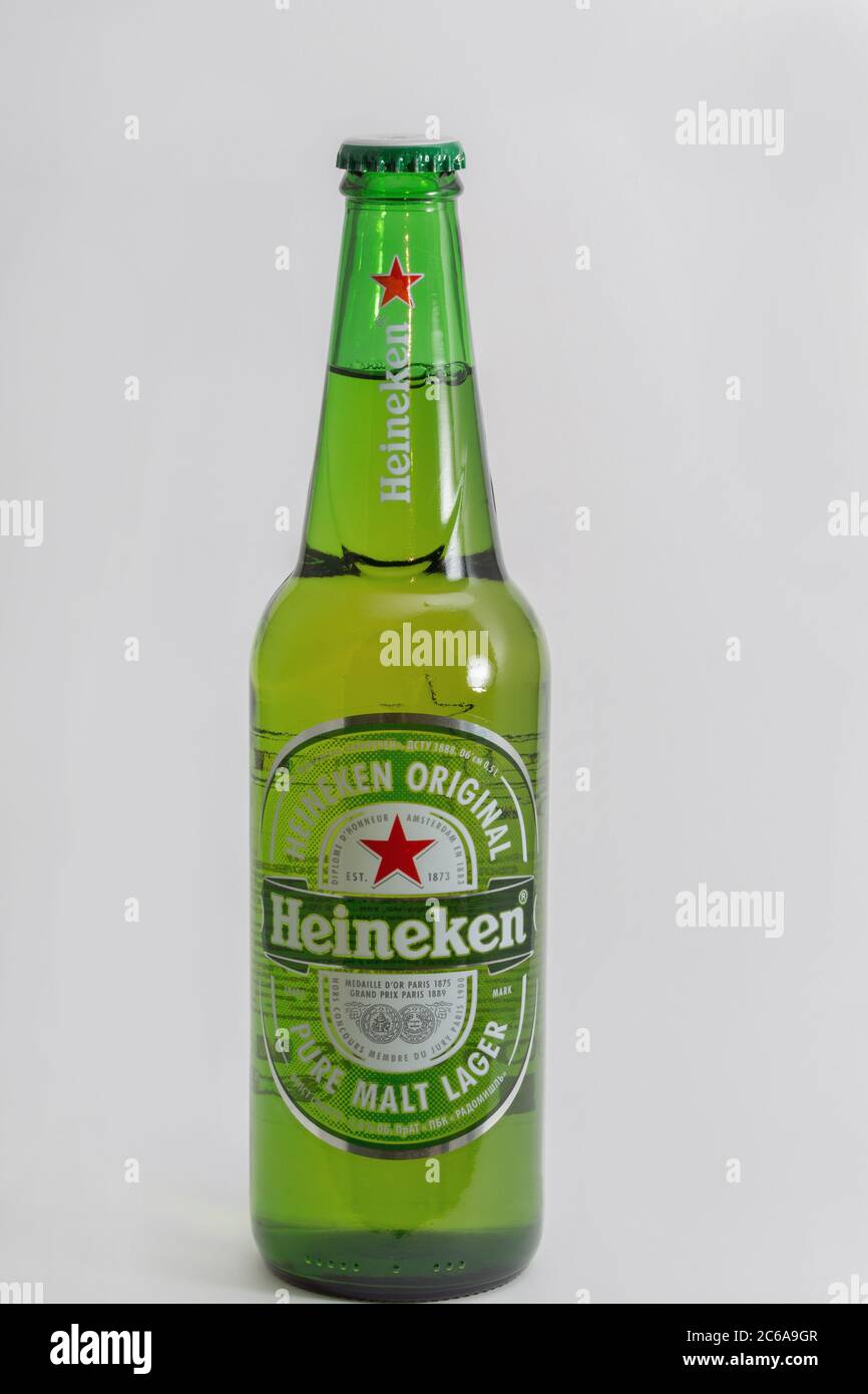 KYIV, UKRAINE - JUNE 17, 2020: Heineken lager beer bottle closeup ...