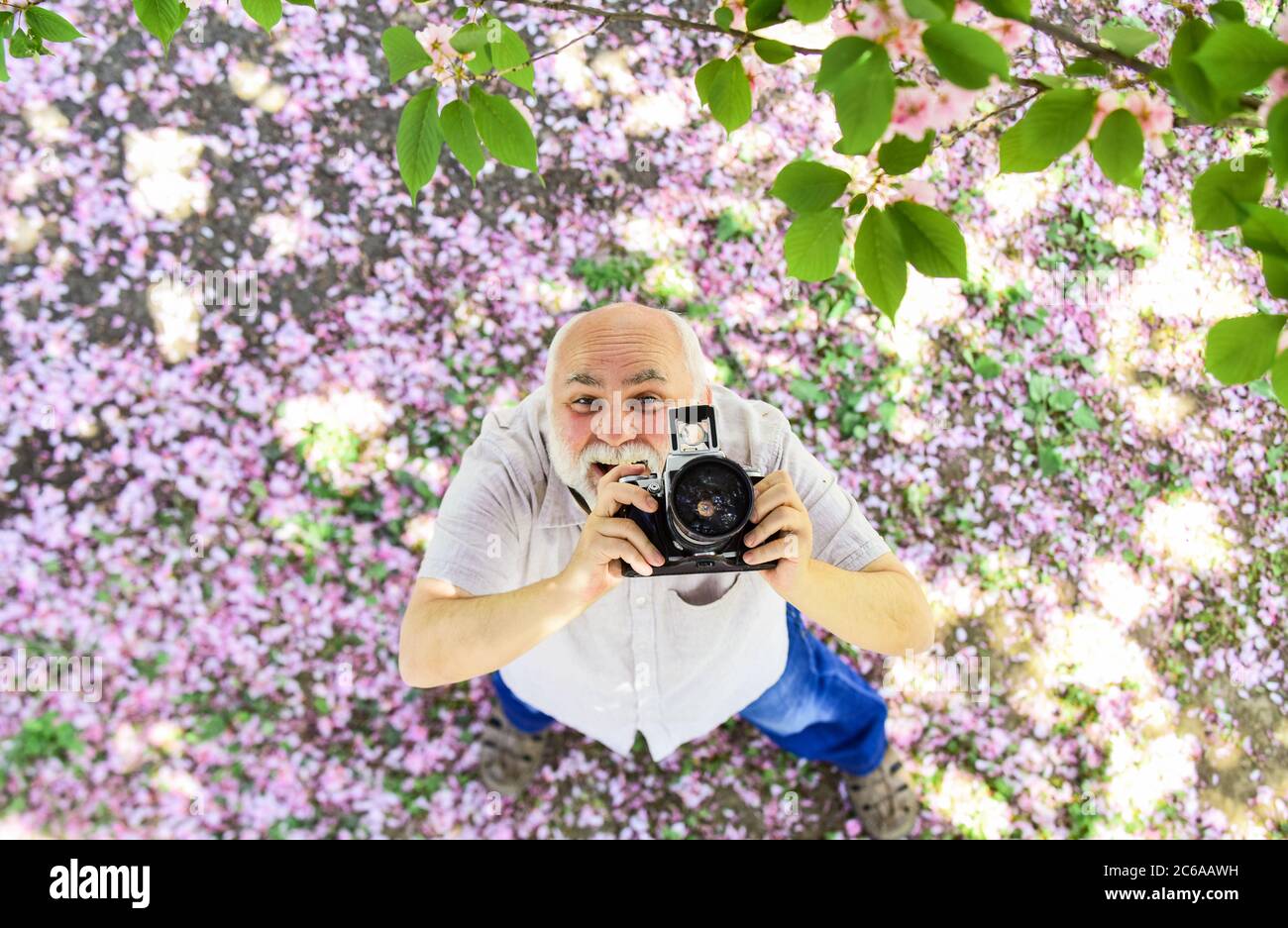 Photography hunt. Senior man holding professional camera. Photography ...