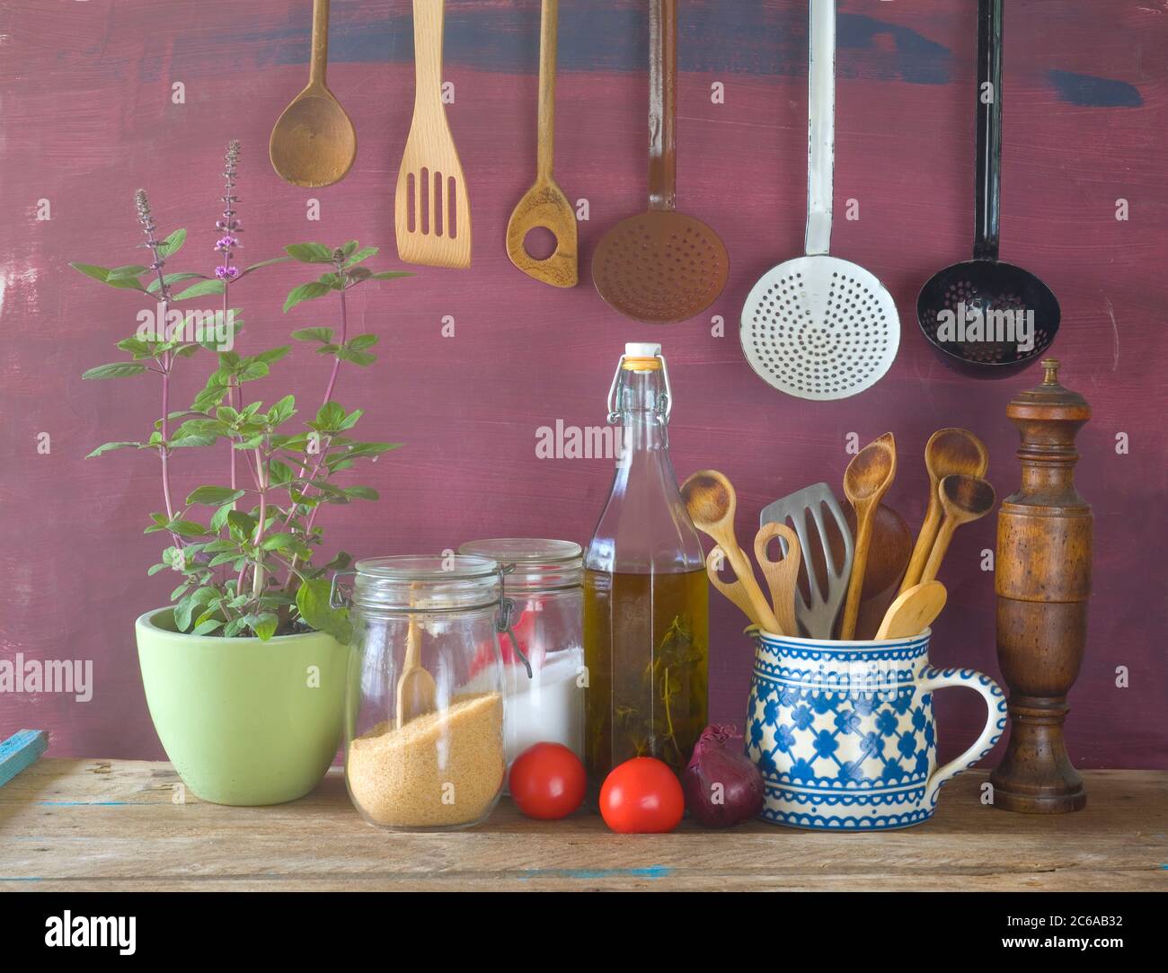 kitchen utensils, herbs, vegetables, kitchen still life,cooking concept ...