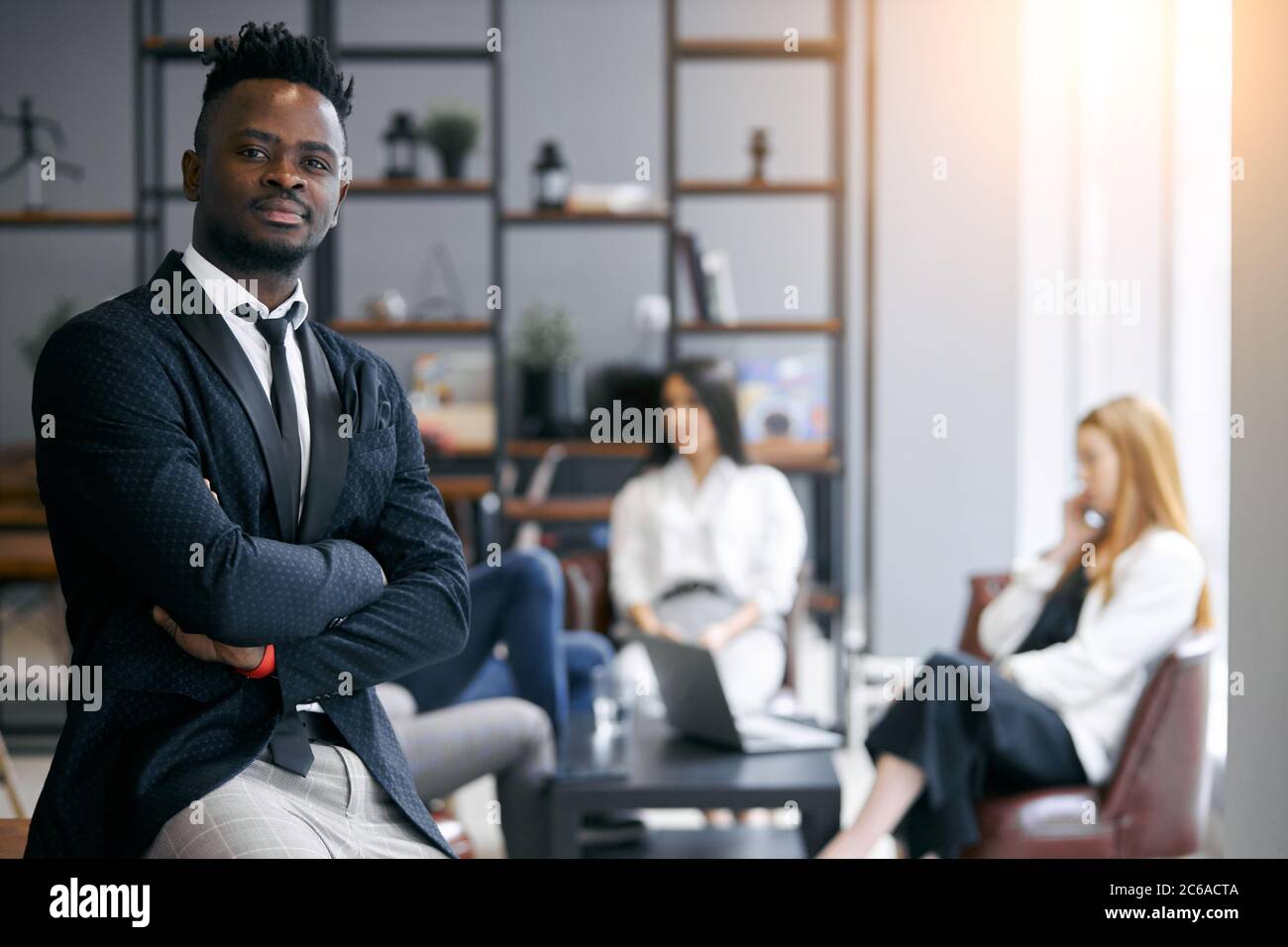 Confident business male wearing formal tuxedo stand posing in office ...