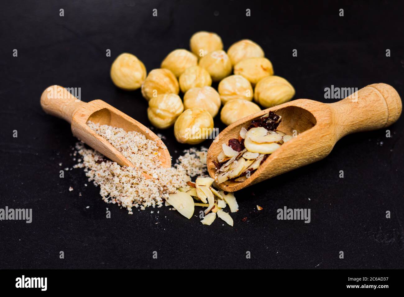 Closeup of grated, ground and whole hazelnut Stock Photo - Alamy