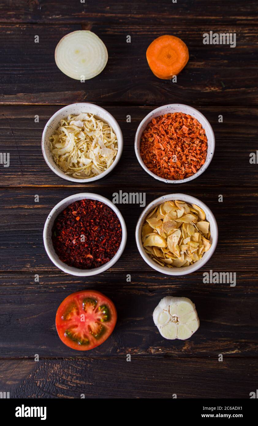Different ground condiments with vegetables, their components Stock ...