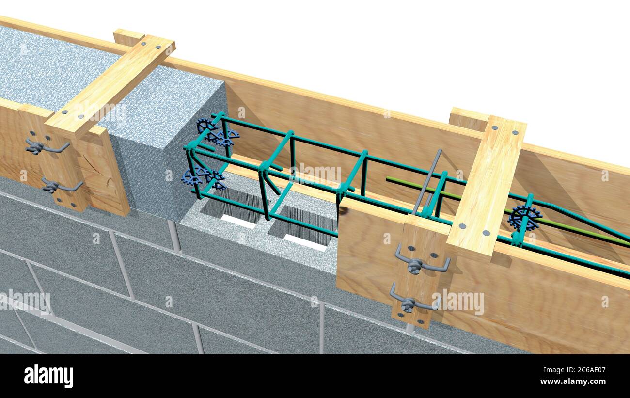 Detail of the elements of a concrete beam inside the wooden formwork on ...