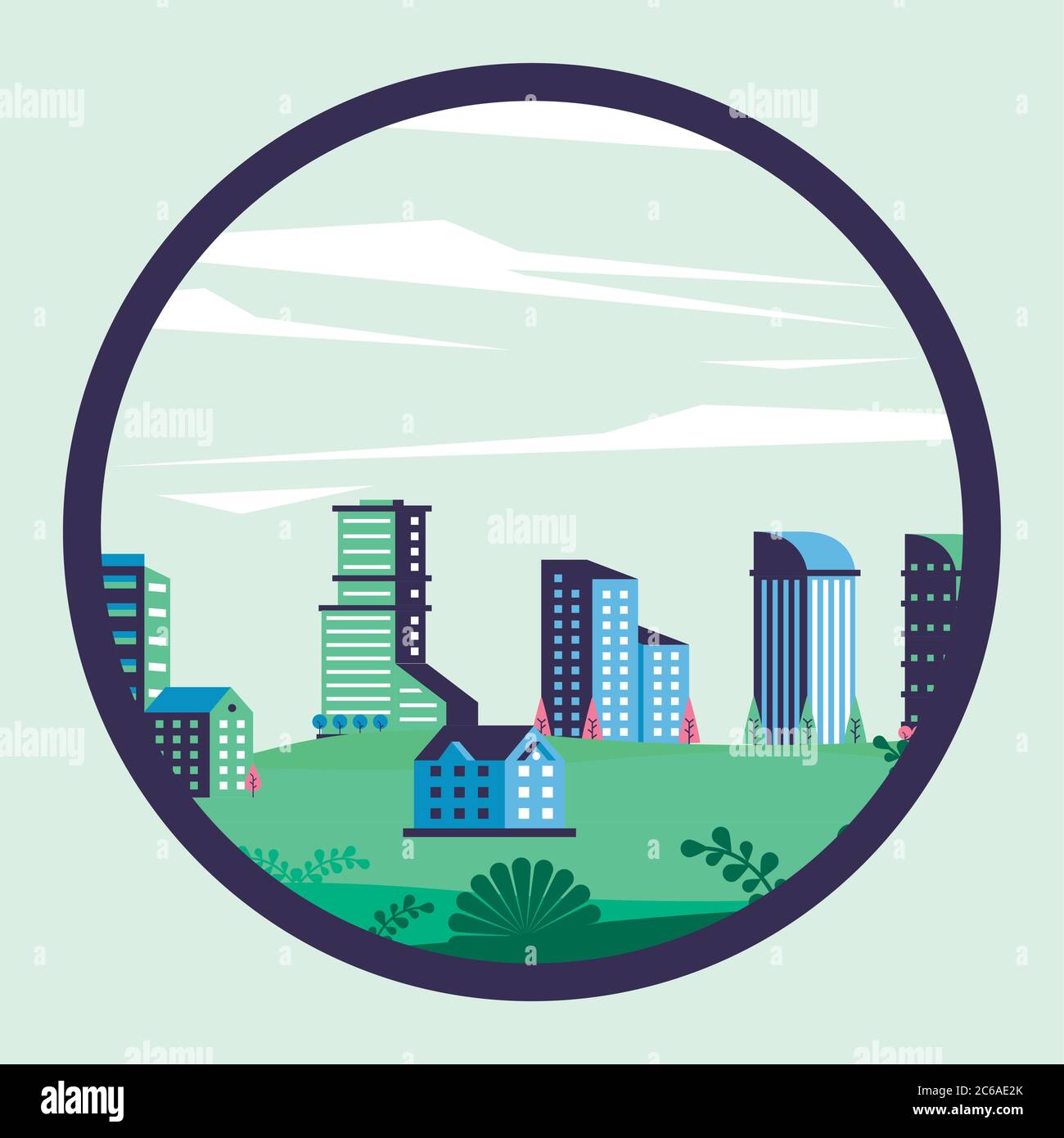 city minimal cityscape scene in circular frame vector illustration ...