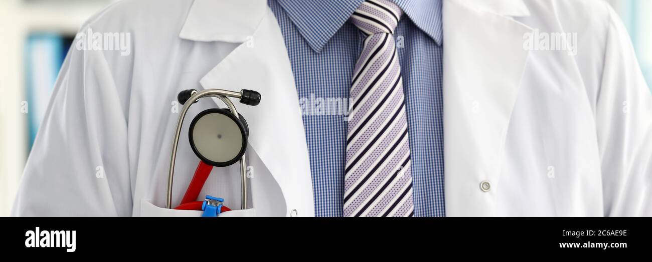 Male medicine therapeutist doctor chest with stethoscope in pocket ...