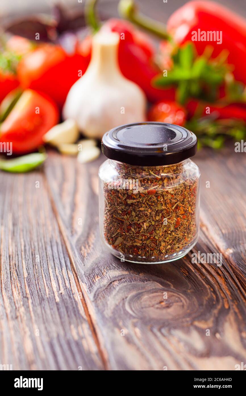 The traditional fragrant spices of Italian cuisine for making sauce ...