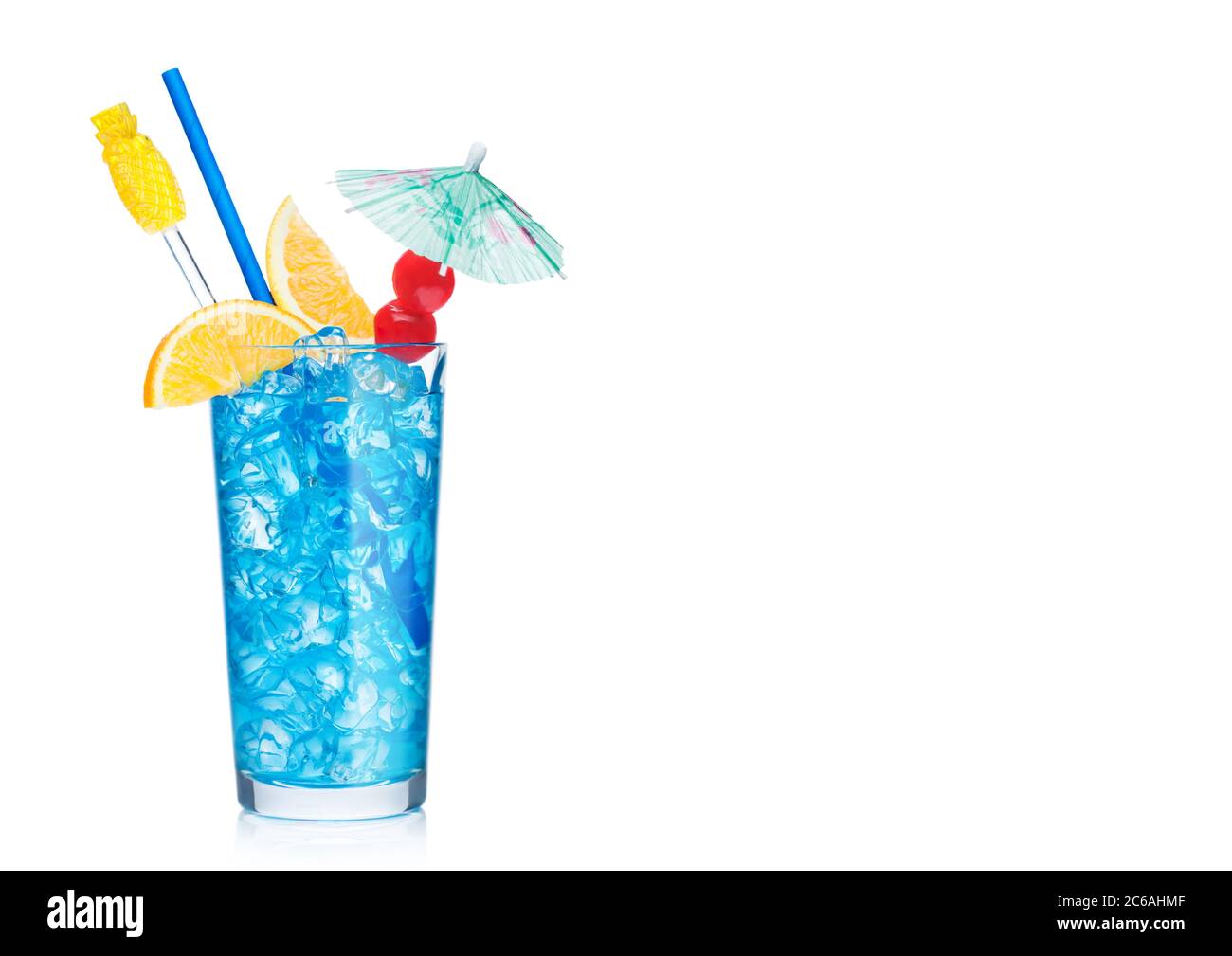 Blue lagoon summer refreshing cocktail highball glass with straw ...