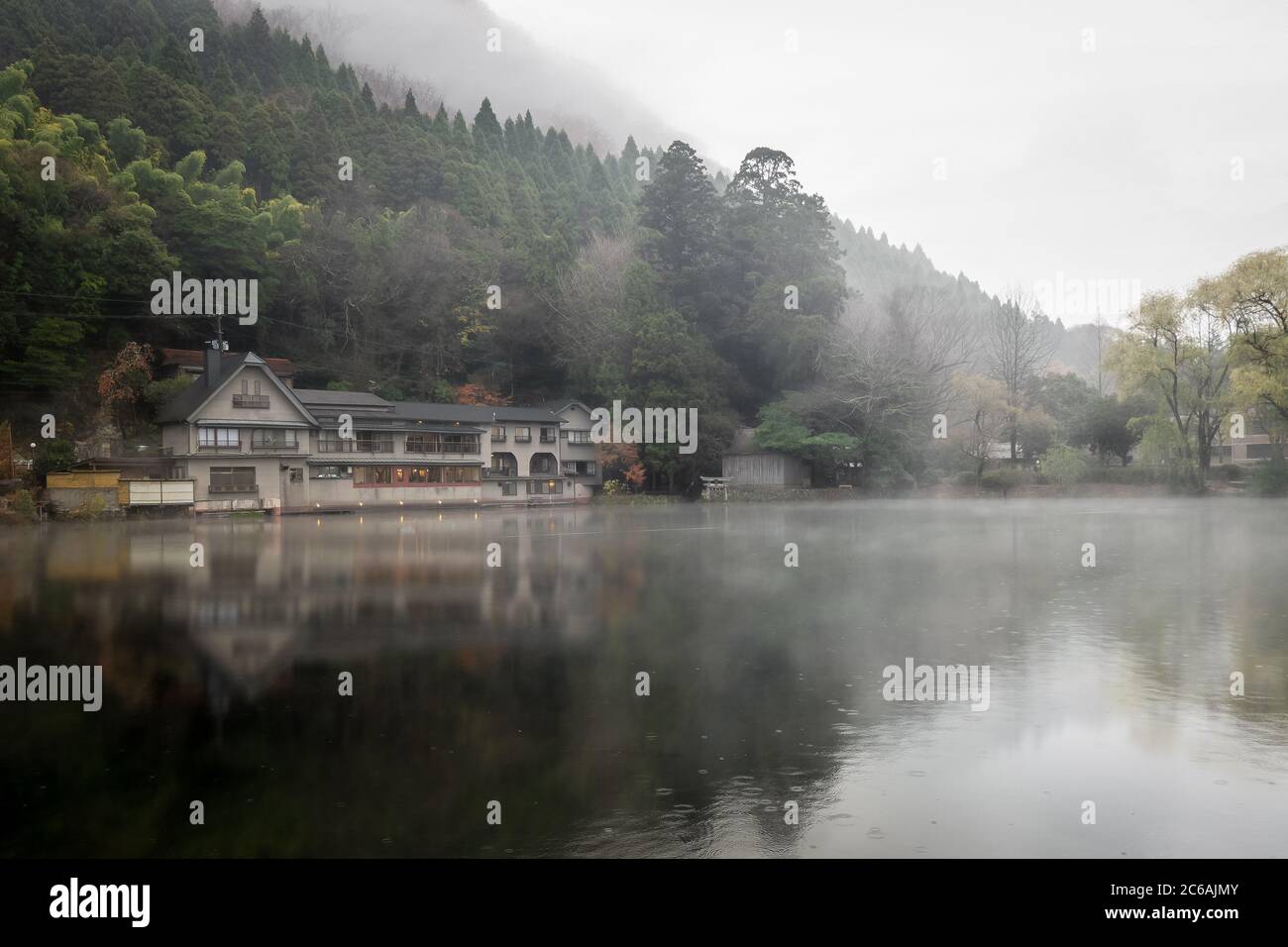 Lake Kinrin Ko with fog in the morning in Yufuin, Kyushu, Japan Stock ...