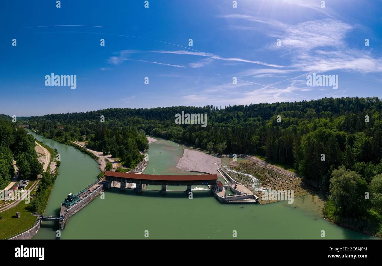 Isar river dam in southern Bavaria with fish stairs next to a beautiful ...