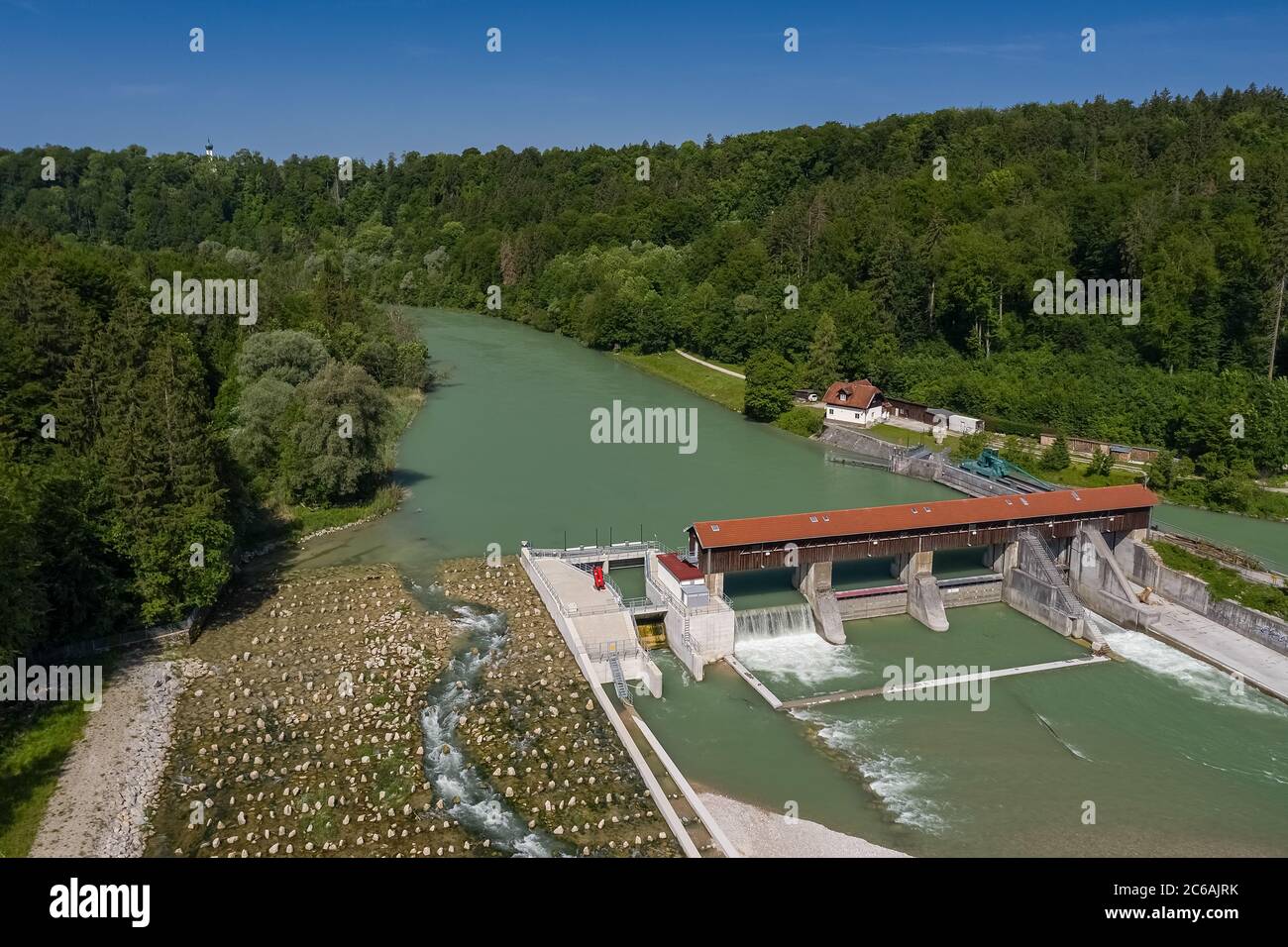 Isar river dam in southern Bavaria with fish stairs next to a green ...