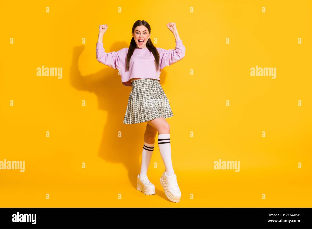 Full length photo of excited crazy positive girl celebrate her school ...