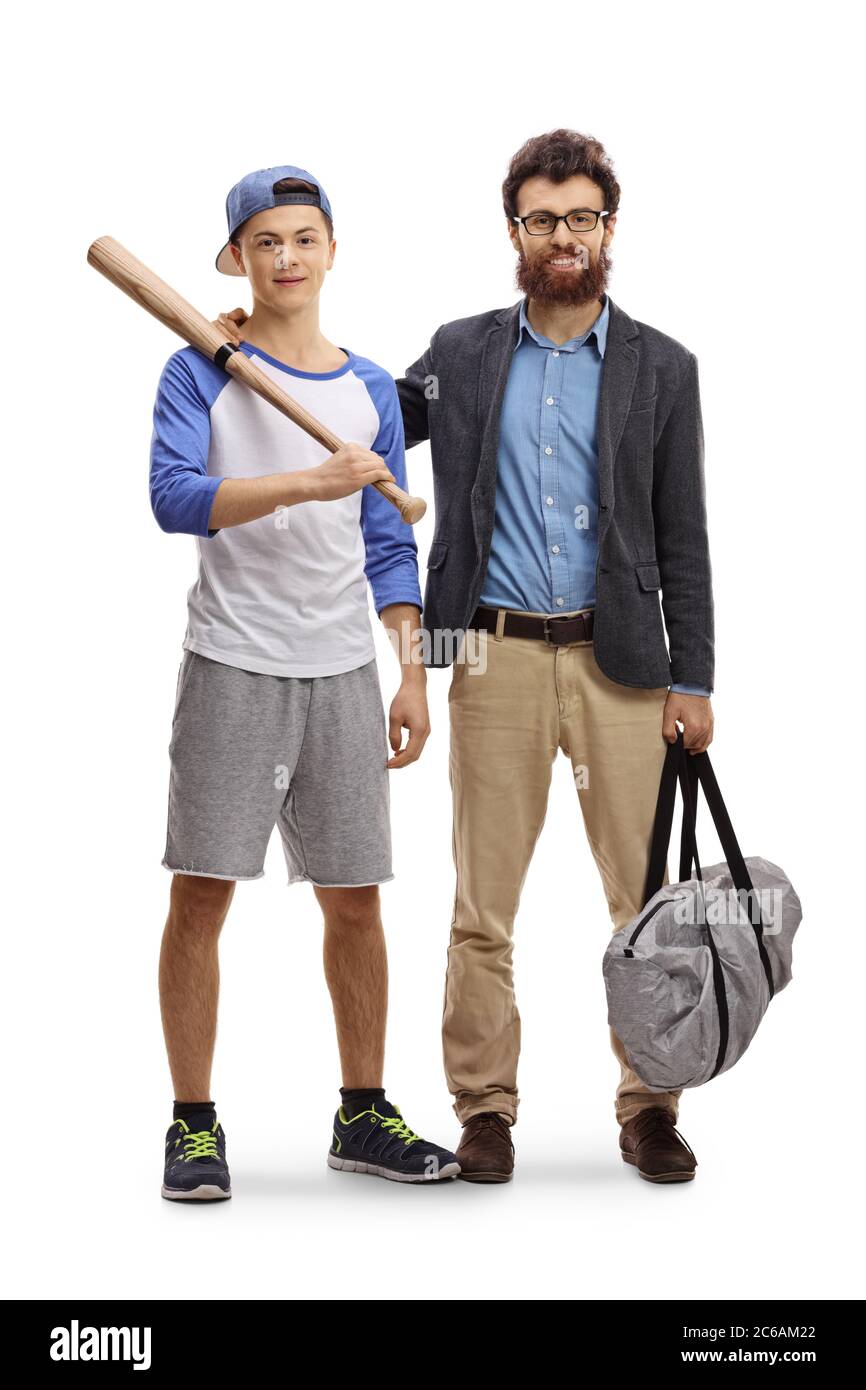 Full length portrait of a teenage baseball player with his father ...