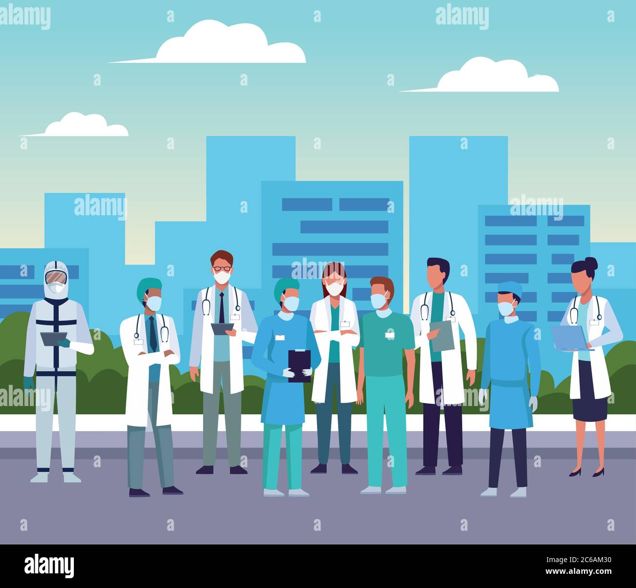 group of doctors wearing medical masks on the city vector illustration ...
