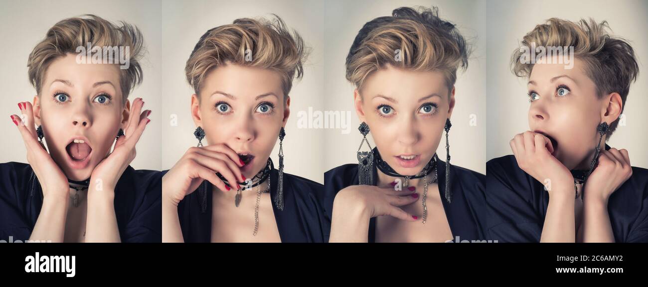 Four woman emotional facial expressions row. Amazed, surprised, shocked ...