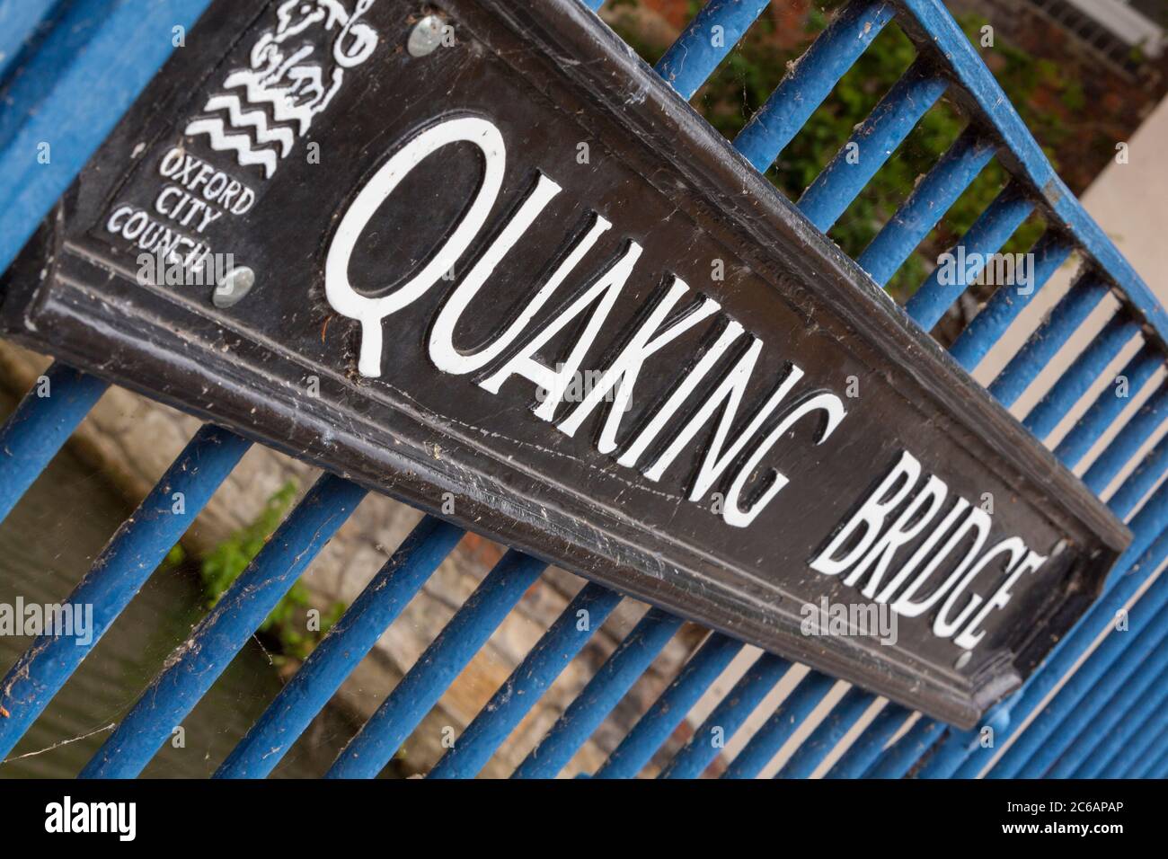 Sign for the Quaking Bridge, which runs over Castle Mill Stream, in ...