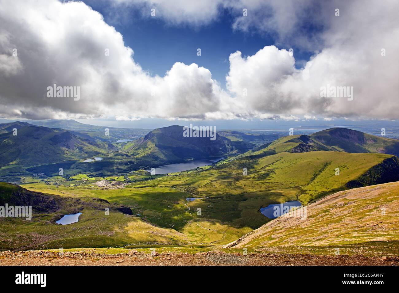 The mountains and lakes of Snowdonia, looking from Mount Snowdon from ...