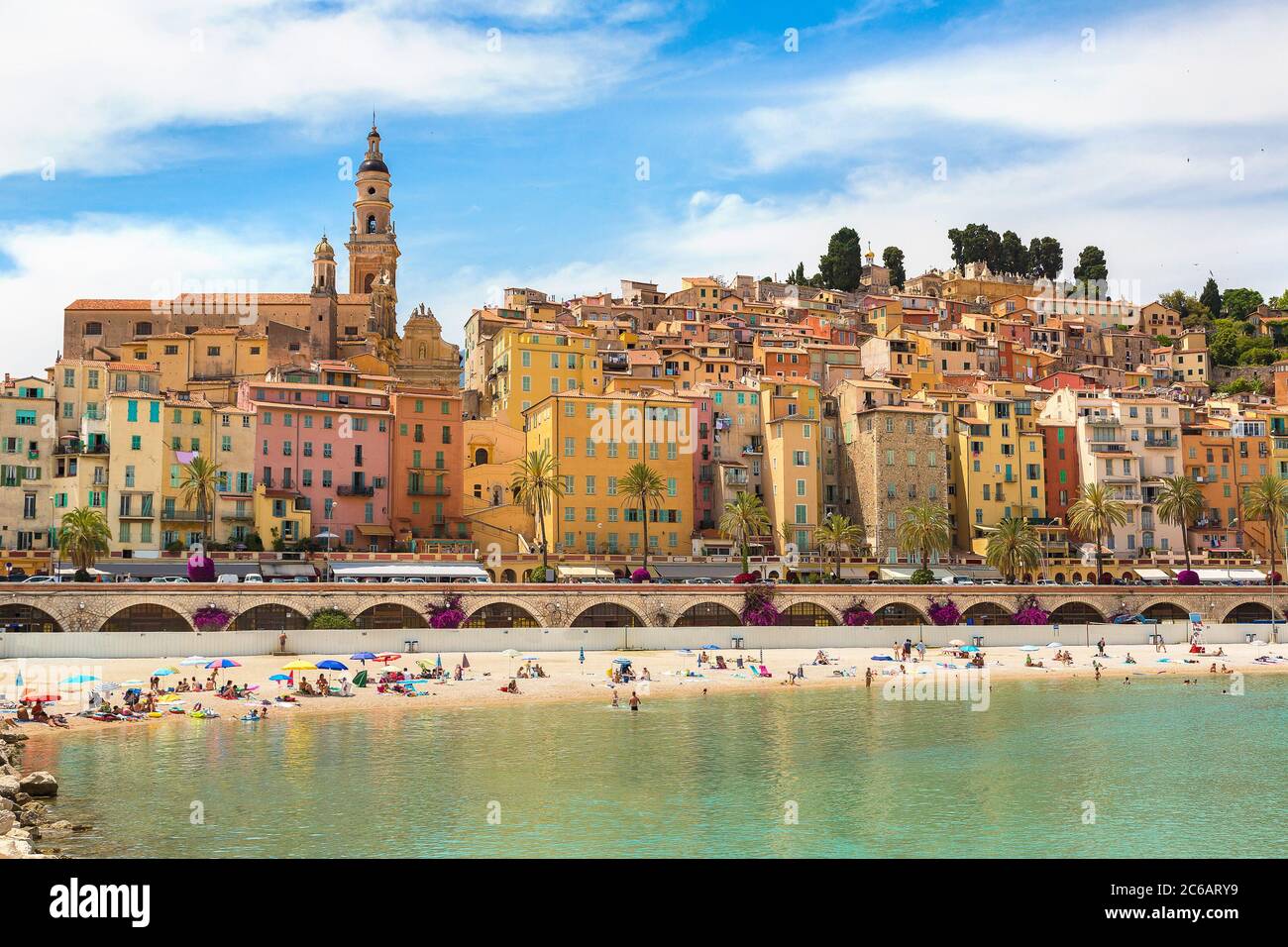 Colorful old town and beach in Menton on french Riviera in a beautiful ...
