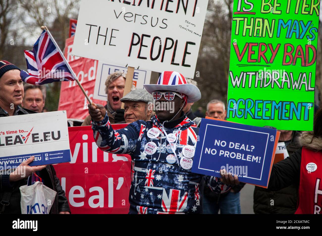 LONDON, UK - March 13, 2019: Brexit supporters campaigning to leave the ...