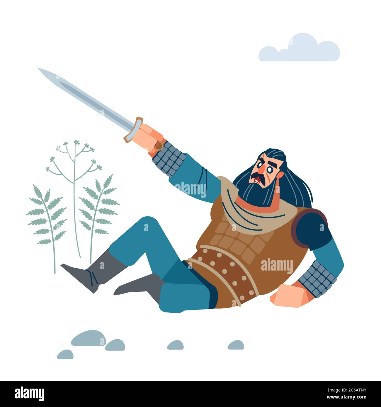 Angry medieval warrior with long medium dark hair, with sword defending ...